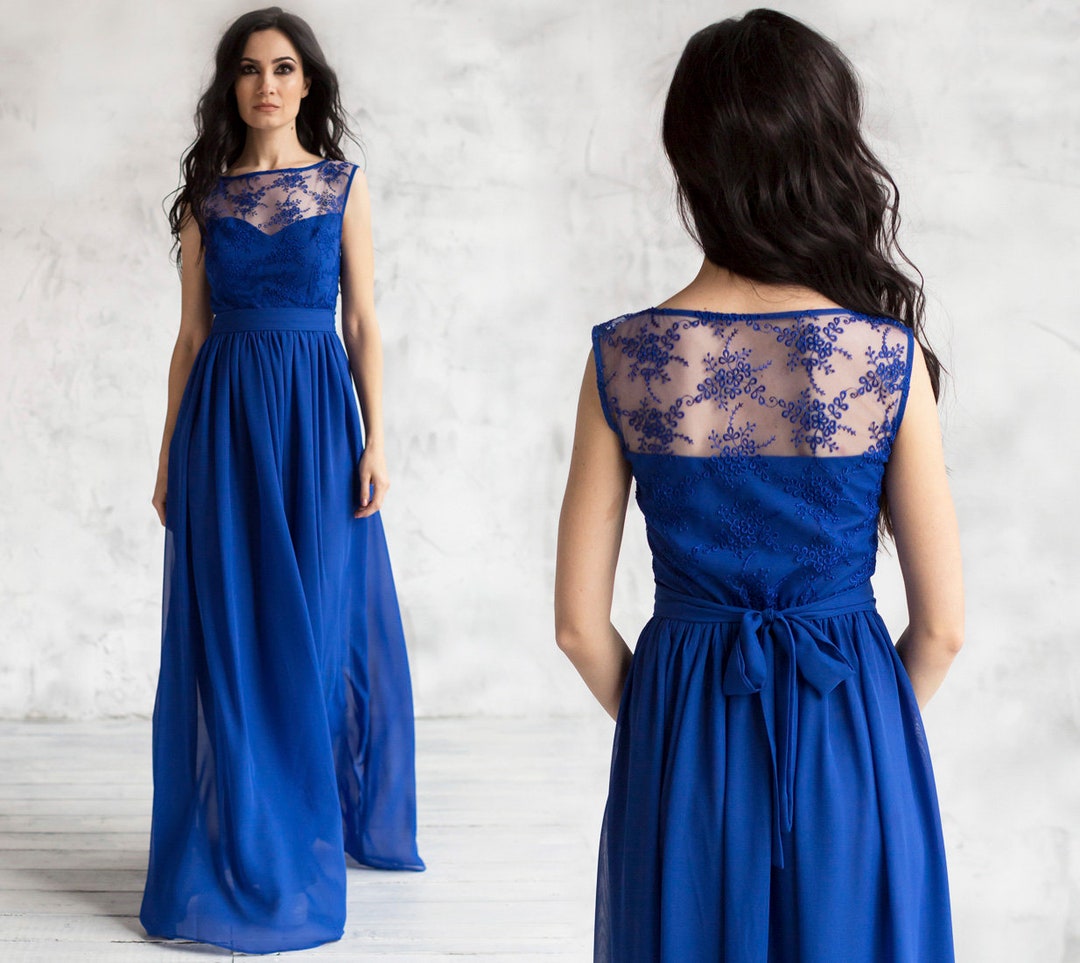 Sleeveless Blue Lace Dress / Woman Formal Chiffon Floral Lace Top Dress ...