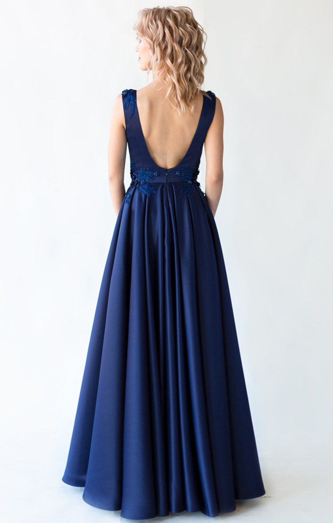 Navy Blue Satin Dress With Open Back and Floral Decor / - Etsy