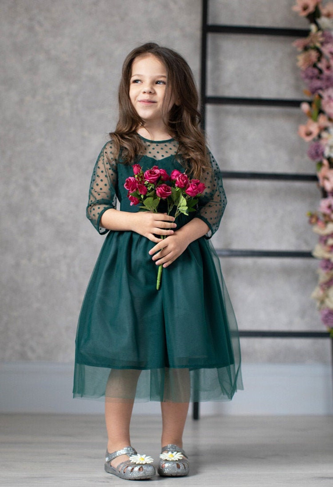Girls Emerald Chiffon Dresses, Polka Dot Tulle Elegant Grow, Floral ...