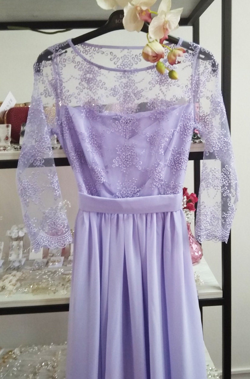 Lavender Long Gown With Lace Top And Sleeves / Woman formal | Etsy