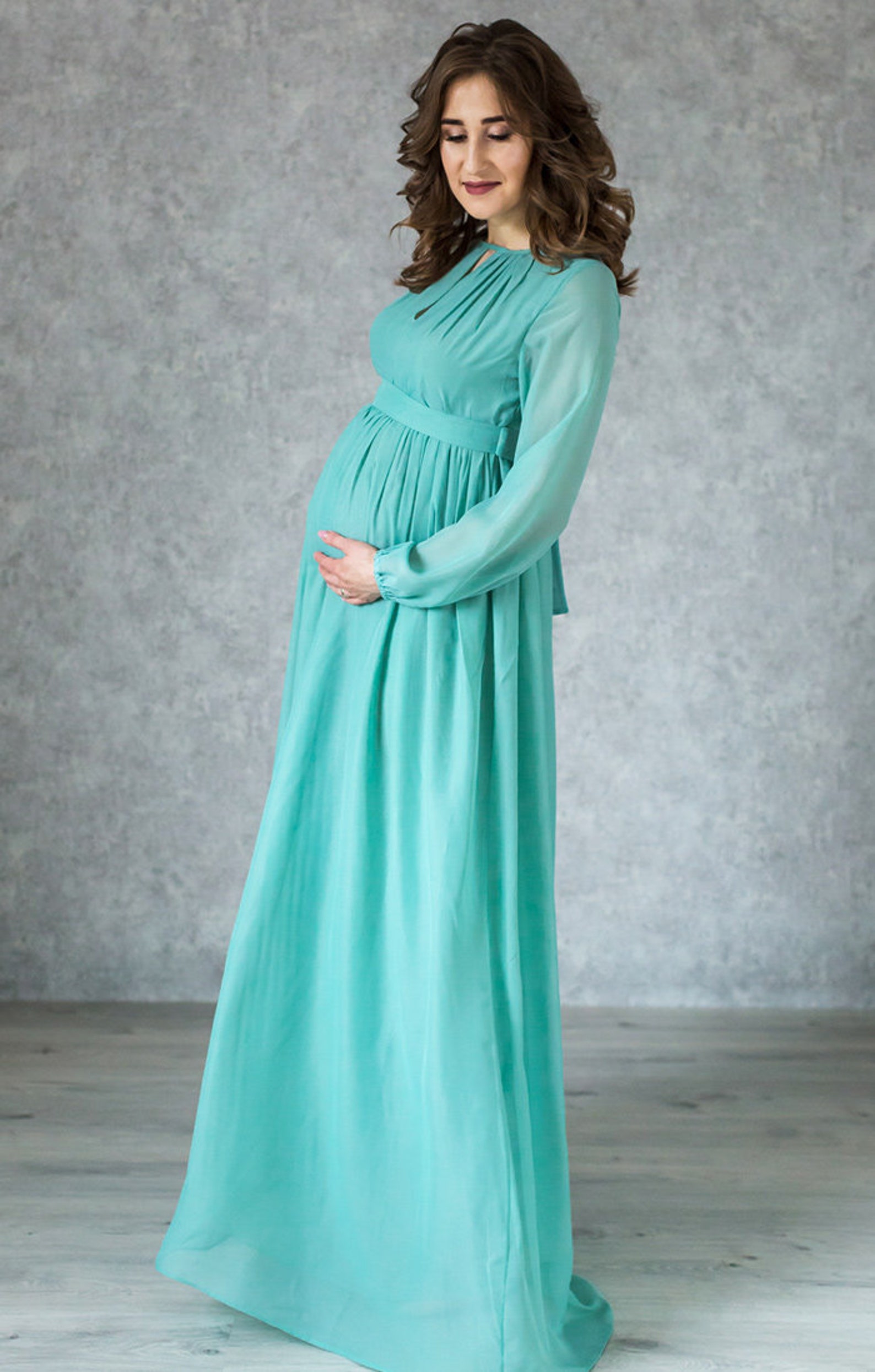 Maternity Sage Flowy Dress With Long Sleeves / Long Full | Etsy