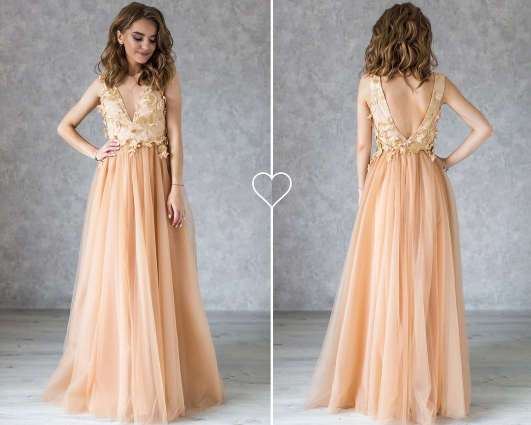 Gold Backless Evening Dress: Floral Embroidered Tulle Prom Gown - Etsy