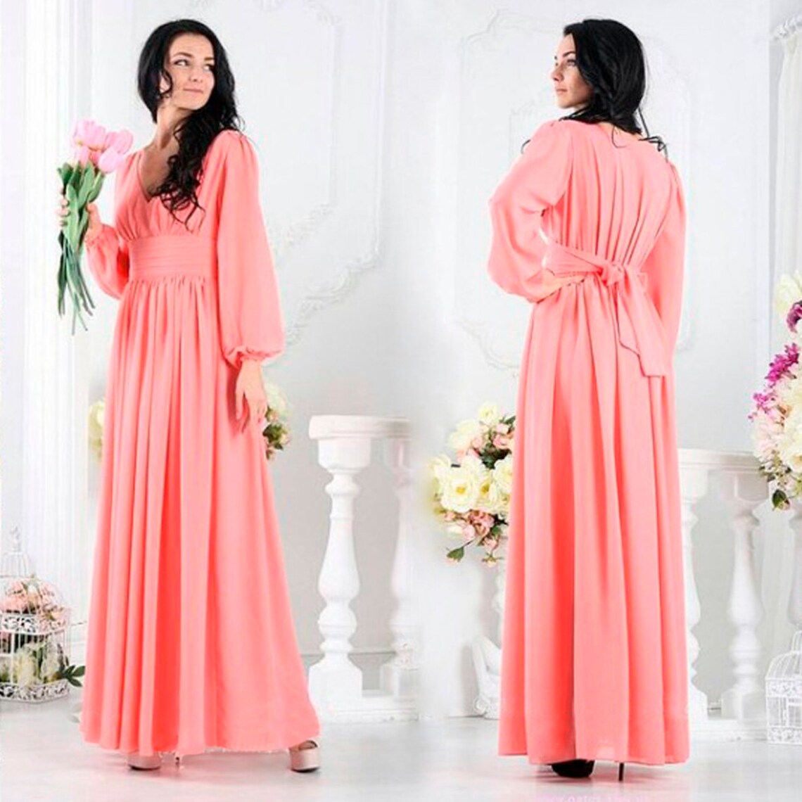 Women Formal Chiffon V-neck Dress / Flowy Dress With Long - Etsy