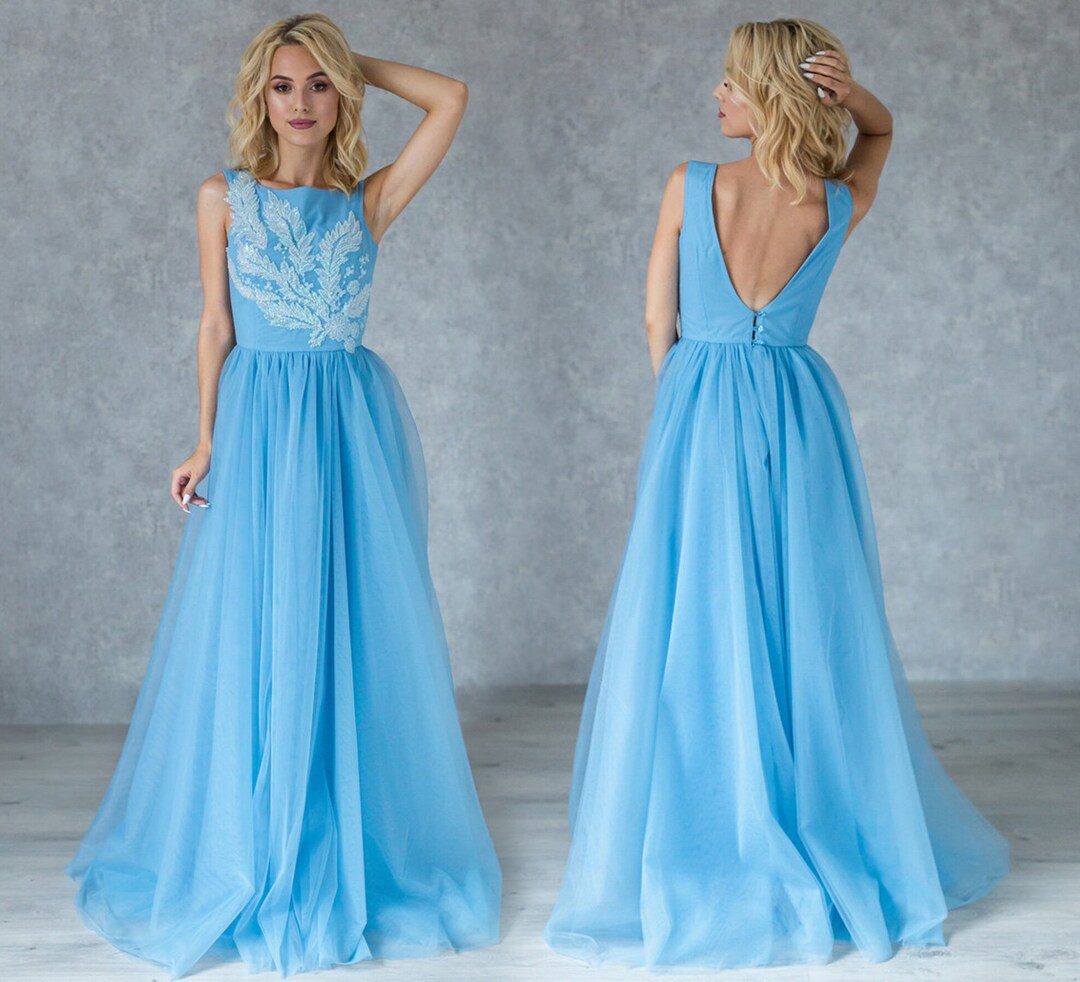 Light Blue Tulle Dress With Beads Embroidery, Elegant Evening Dress ...