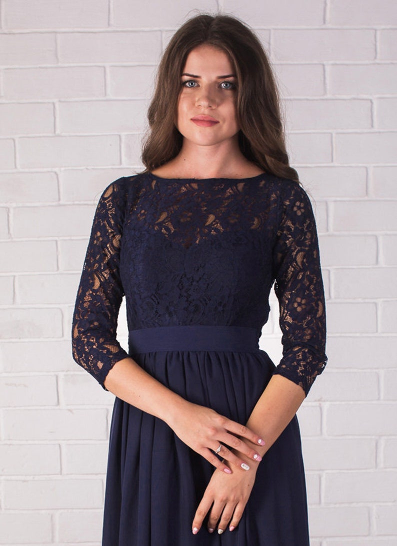 Navy Blue Chiffon Formal Gown: Lace Sleeve Flowy Maxi Evening Dress - Etsy