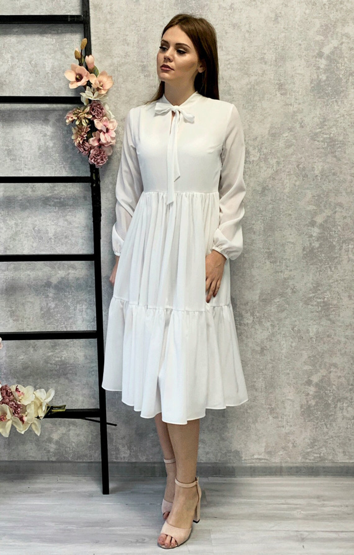 Stylish Ivory White Midi Chiffon Flowy Dress / Short Wedding - Etsy