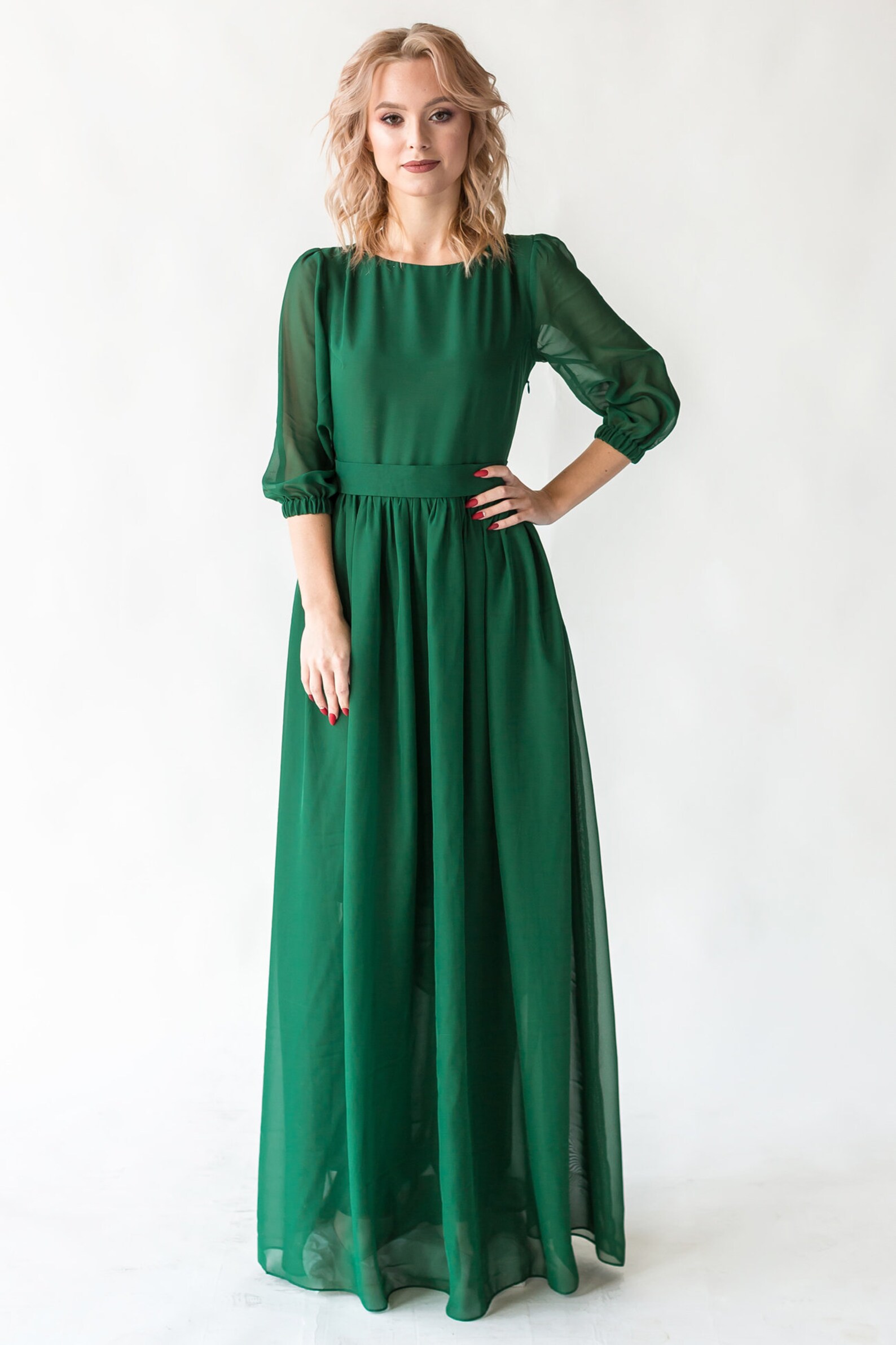 Emerald Green Chiffon Dress Flowy Dress for Women Fall - Etsy Hong Kong