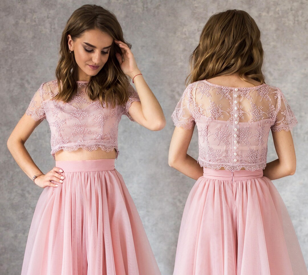 Blush Pink Floral Lace Crop Top: Short Sleeve Evening Blouse With Pearl ...