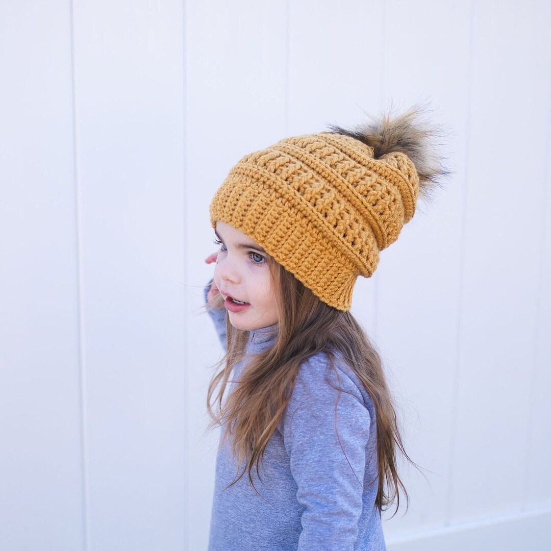 Mustard Beanie Hat - Toddler Slouchy Hat, Toddler Boy Beanie, Pompom ...