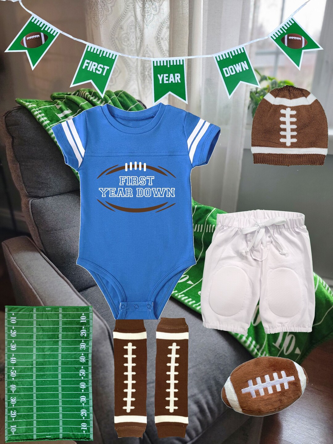 First Year Down Bodysuit 1st Year Down Birthday Football First Birthday ...