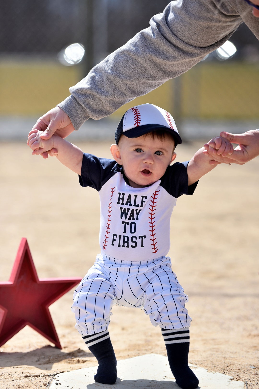 Halfway to First Birthday Outfit: Baseball Bodysuit & Pinstripe Pants ...