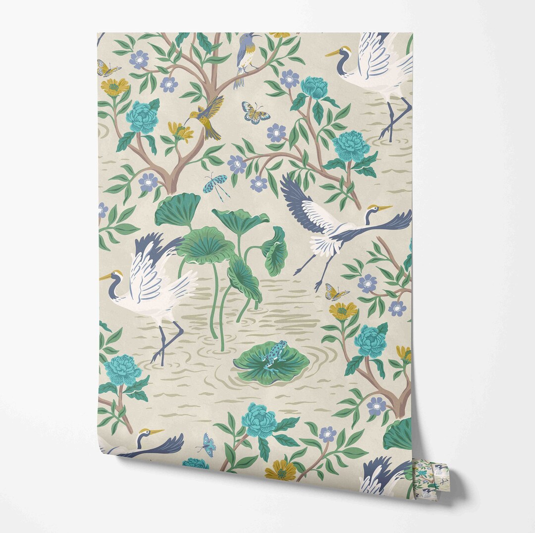 Peel & Stick Wallpaper - Mythic Garden Pattern With Blue Flowers - Pre ...
