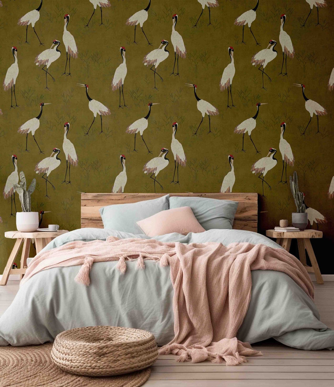 Peel & Stick Wallpaper Chinoiserie Cranes Pattern Removable Pre-pasted Unpasted Wallcovering ...