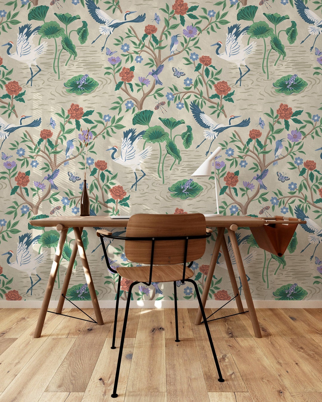 Peel & Stick Wallpaper - Mythic Garden Pattern With Red Flowers - Pre ...