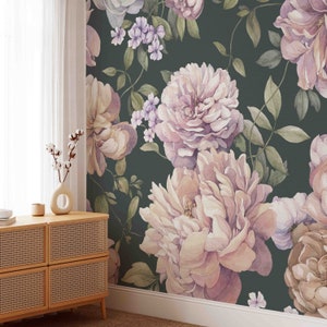 Peony Wall Mural Wallpaper Pink Floral Illustration Green - Etsy