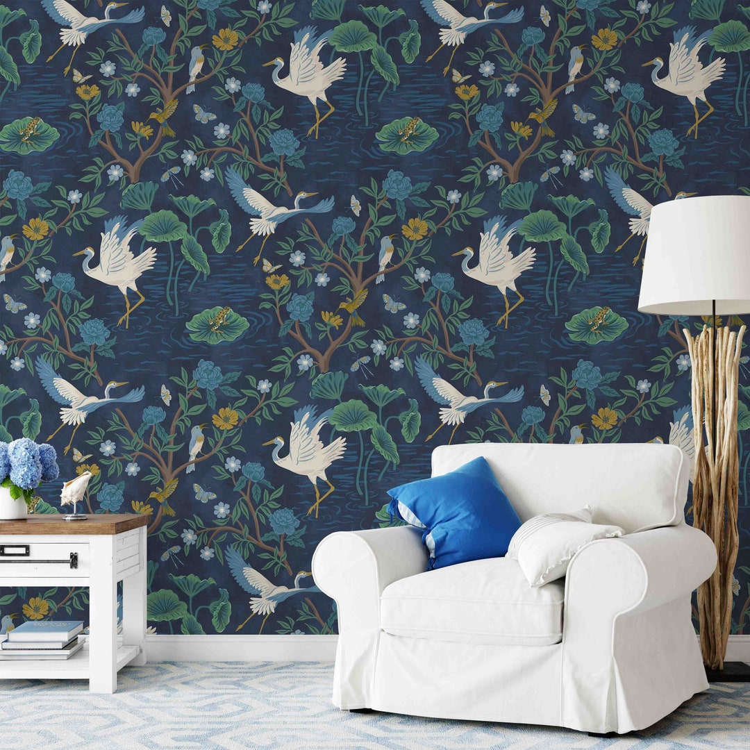 Peel & Stick Wallpaper - Navy Mythic Garden Pattern - Pre-pasted and ...