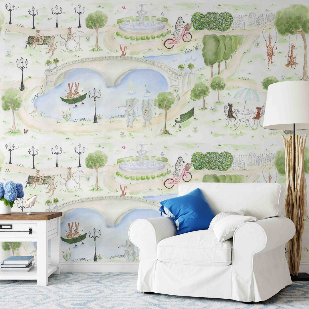 Peel & Stick Wallpaper Mural Animals at the Park Wallcovering Pre ...