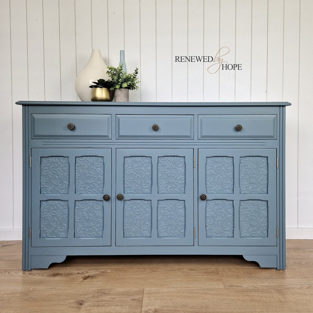 Dusky Blue Sideboard With Embossed Pattern Detail to the Panelled Doors ...