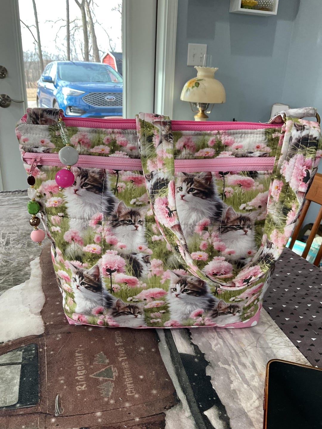 NEW STYLE Pocket and Key Fob Adorable Cat and Carnations Crossbody or ...