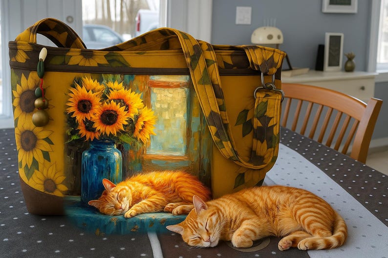 Sleeping Tabby Cat and Sunflowers Shoulder or Crossbody Adjustable ...