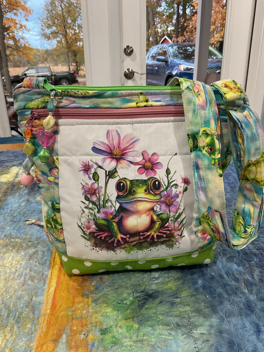 Darling Frog and Flowers Small Adjustable Strap Fabric Purse 100% ...