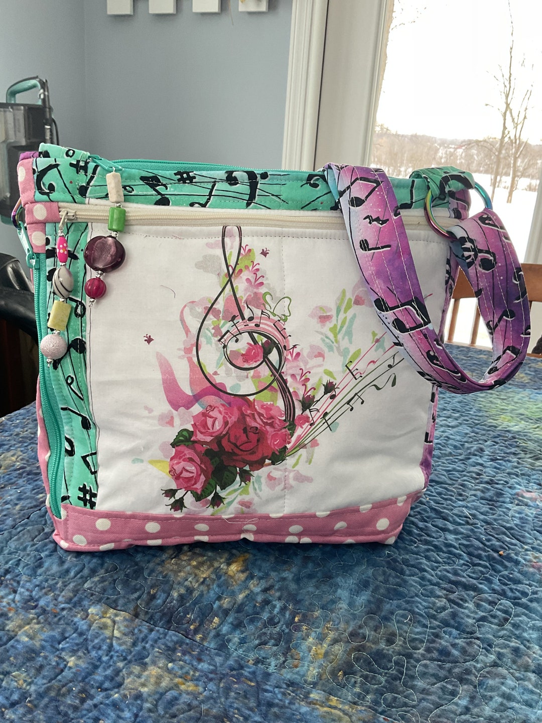 Musical Notes and Flowers Crossbody or Shoulder Adjustable Strap Fabric ...