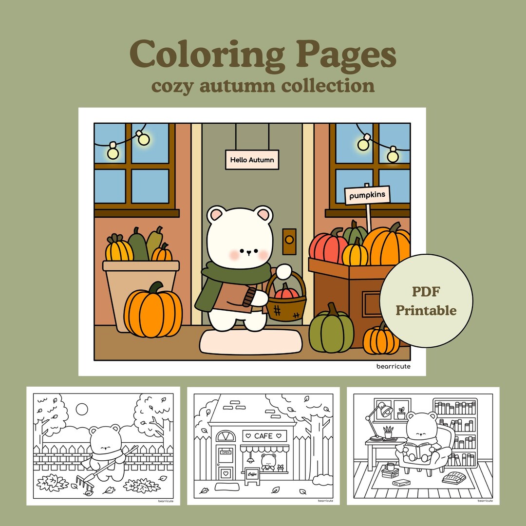 Cozy Autumn Coloring Pages - Kawaii Fall Coloring Sheets - Cute ...