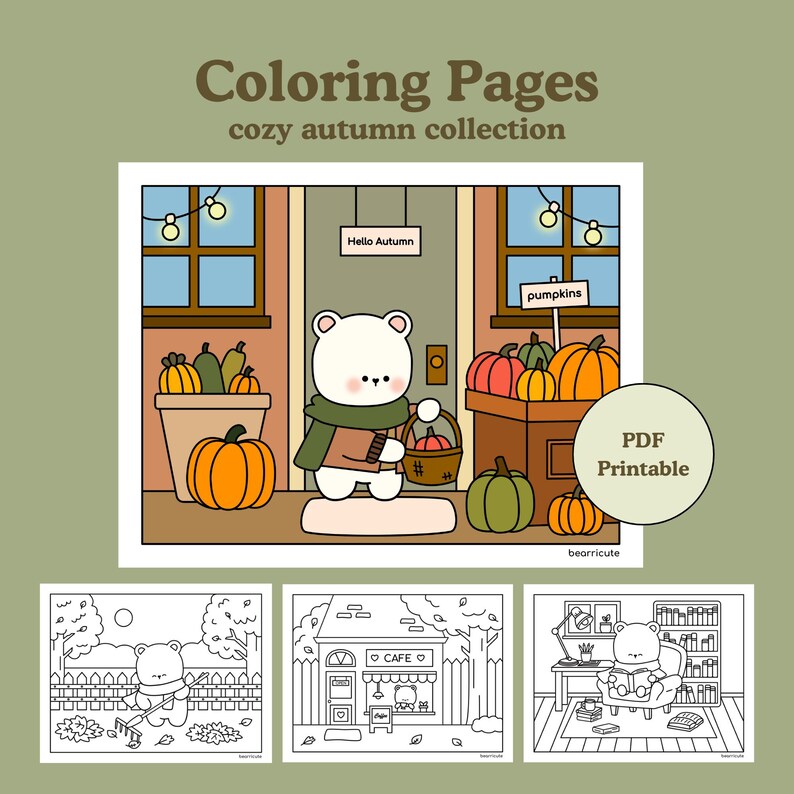 Cozy Autumn Coloring Pages - Kawaii Fall Coloring Sheets - Cute ...