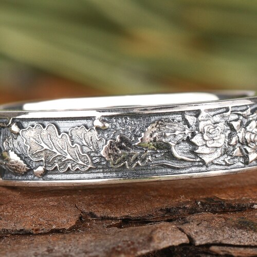 Rose & Oak Leaf Ring Druid Silver Band Woodland Wedding - Etsy