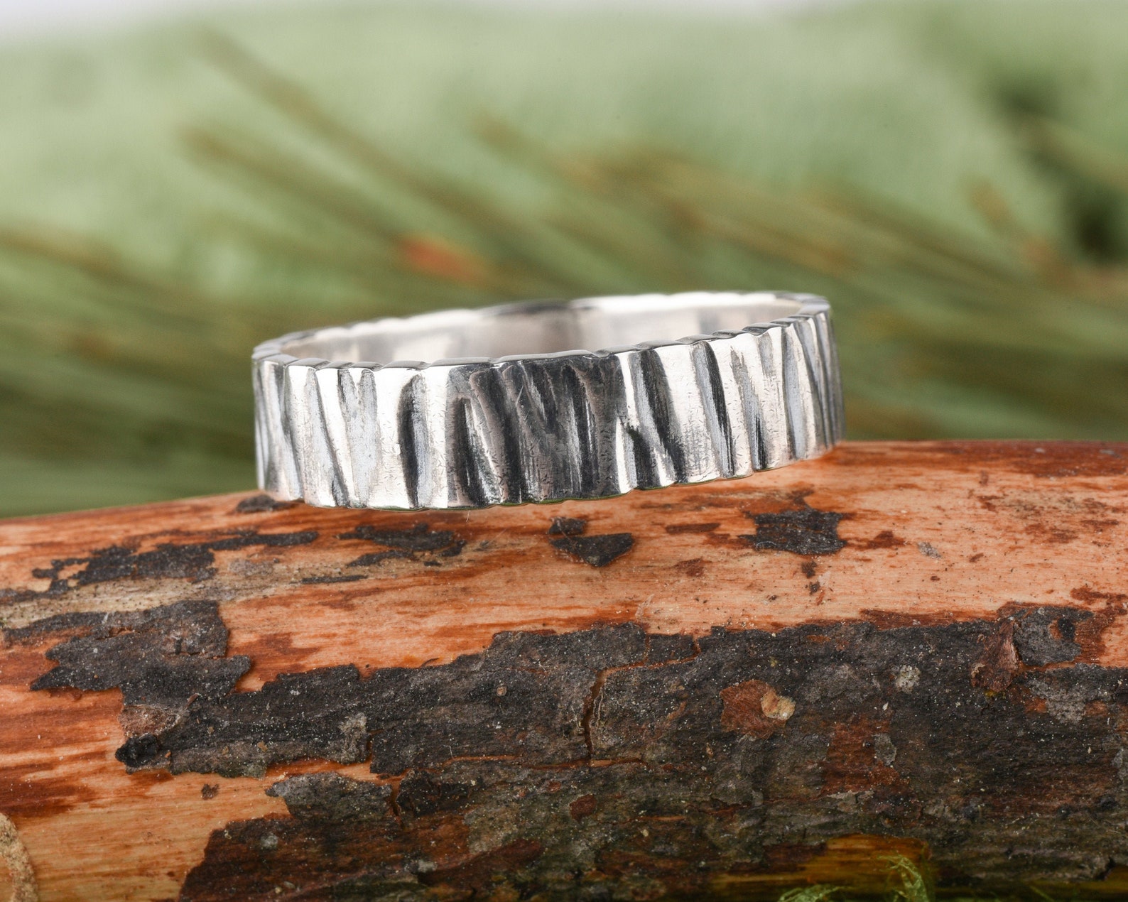 Tree Bark Silver Ring Textured Minimal Band Woodland & - Etsy