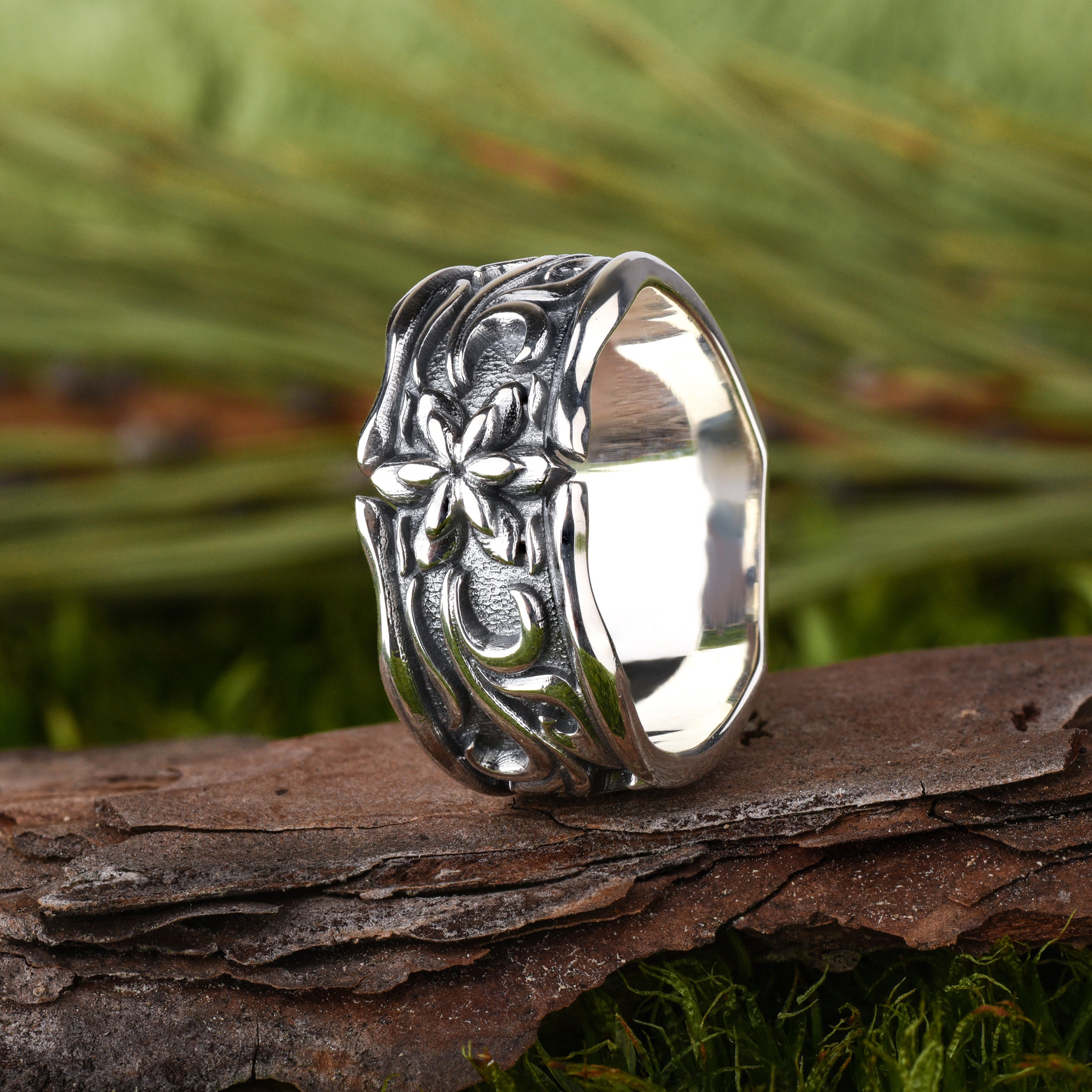 Floral pattern silver ring Celtic wedding band alternative | Etsy