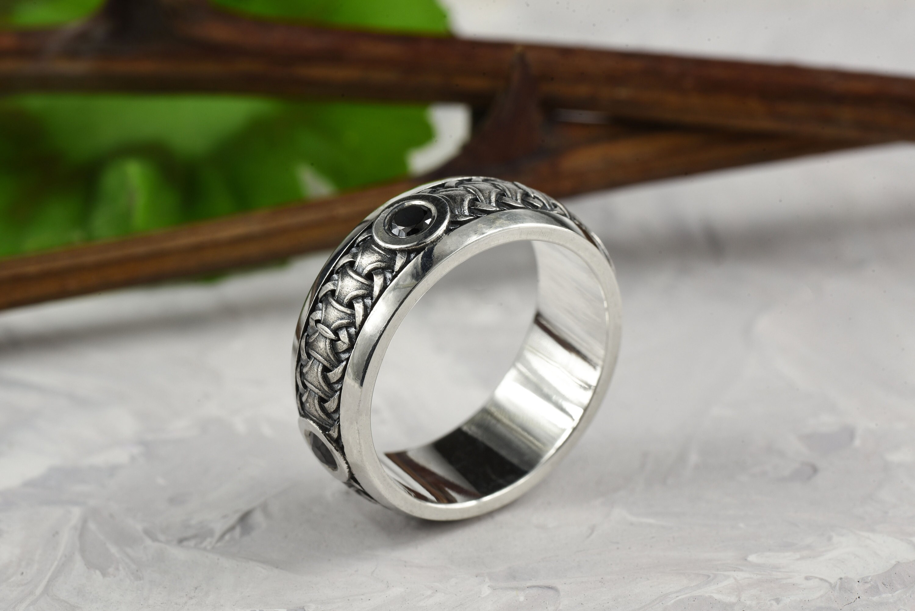 Silver black stone ring viking arm ring mens silver ring | Etsy