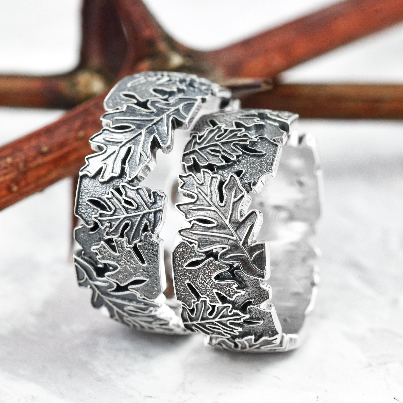 Nature Wedding Rings Couple Rings Leaf Wedding Bands Nature - Etsy