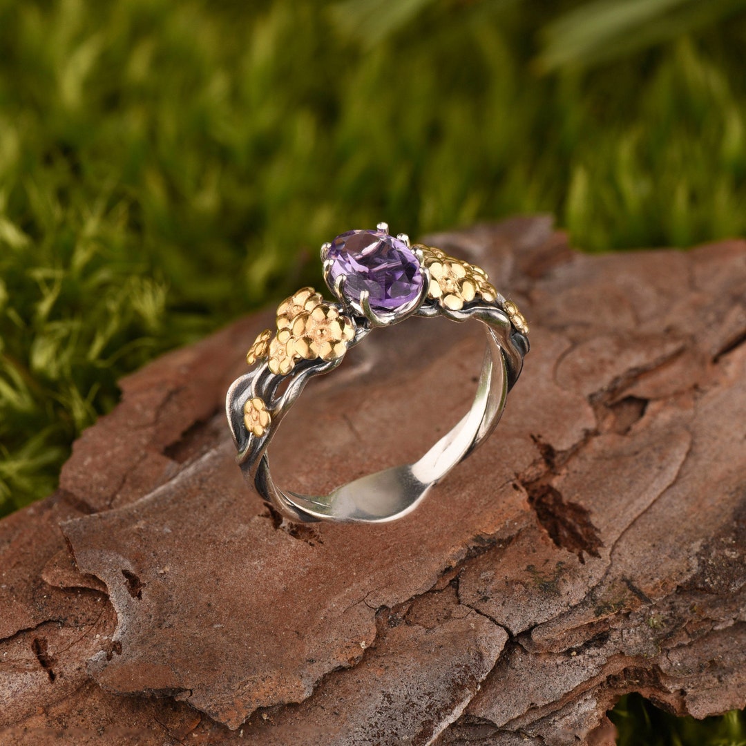 Amethyst Engagement Ring - Delicate Leaf Vine Flower Ring - Unique ...