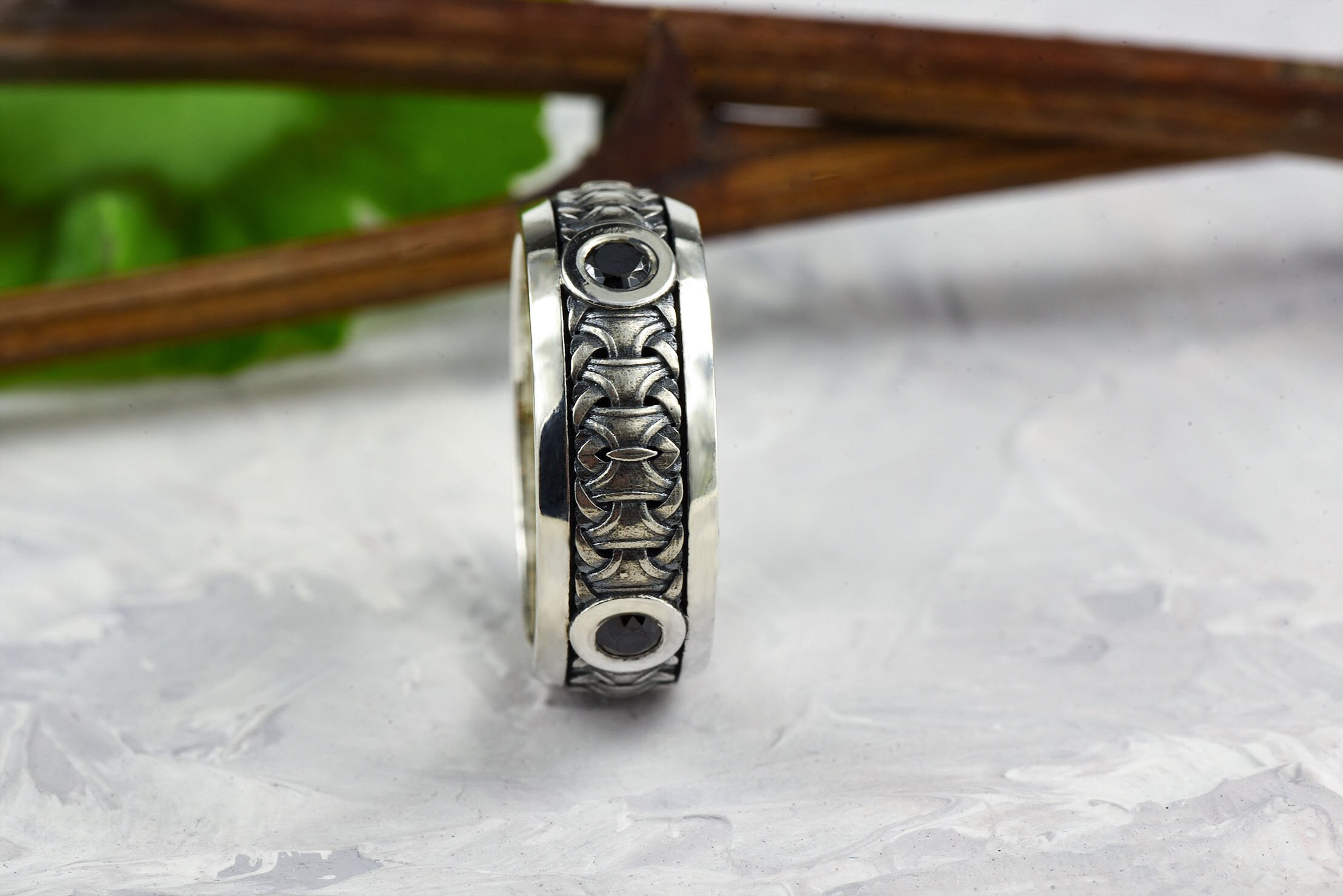 Silver black stone ring viking arm ring mens silver ring | Etsy