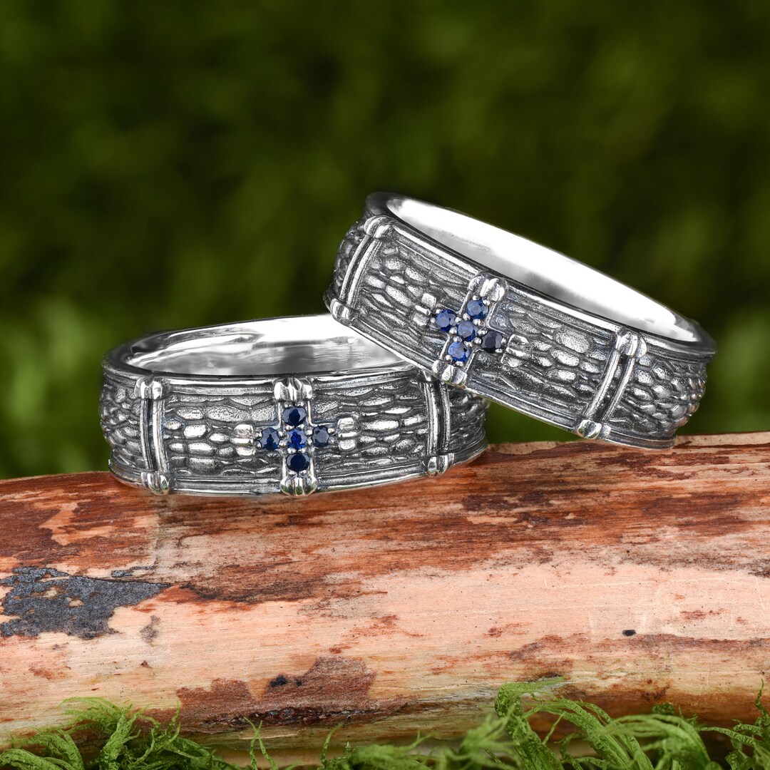 Christian Ring Set, Bold Sterling Cross Rings, Mens Sapphire Ring ...