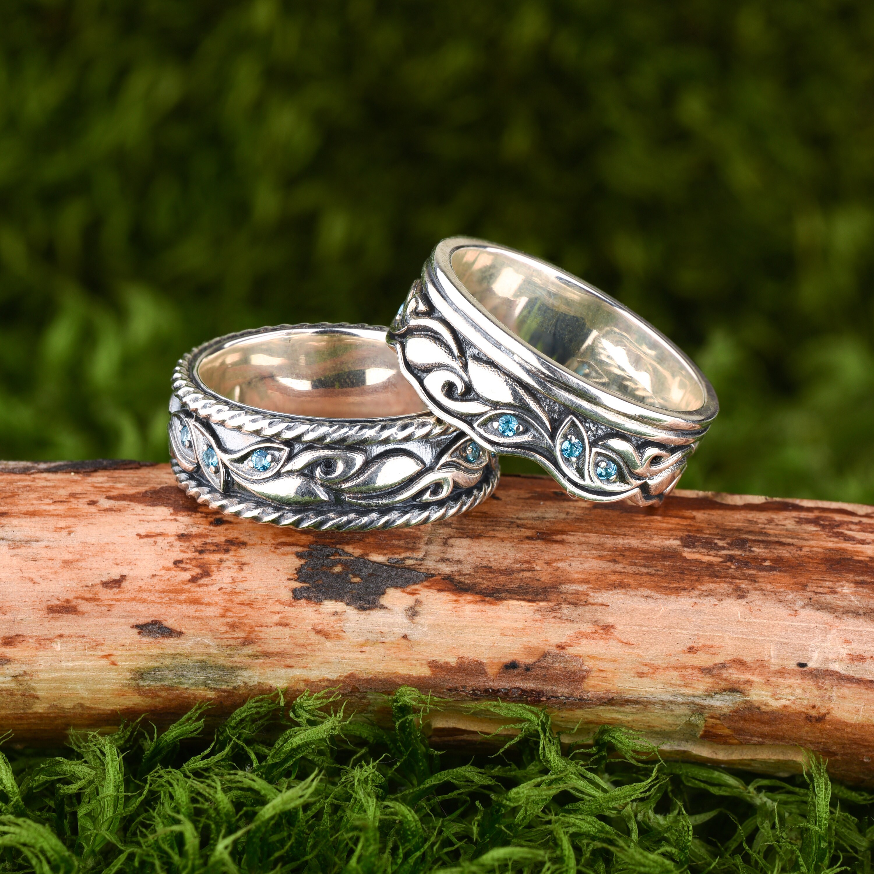 Mens silver wave ring set Druid artisan blue topaz sterling | Etsy