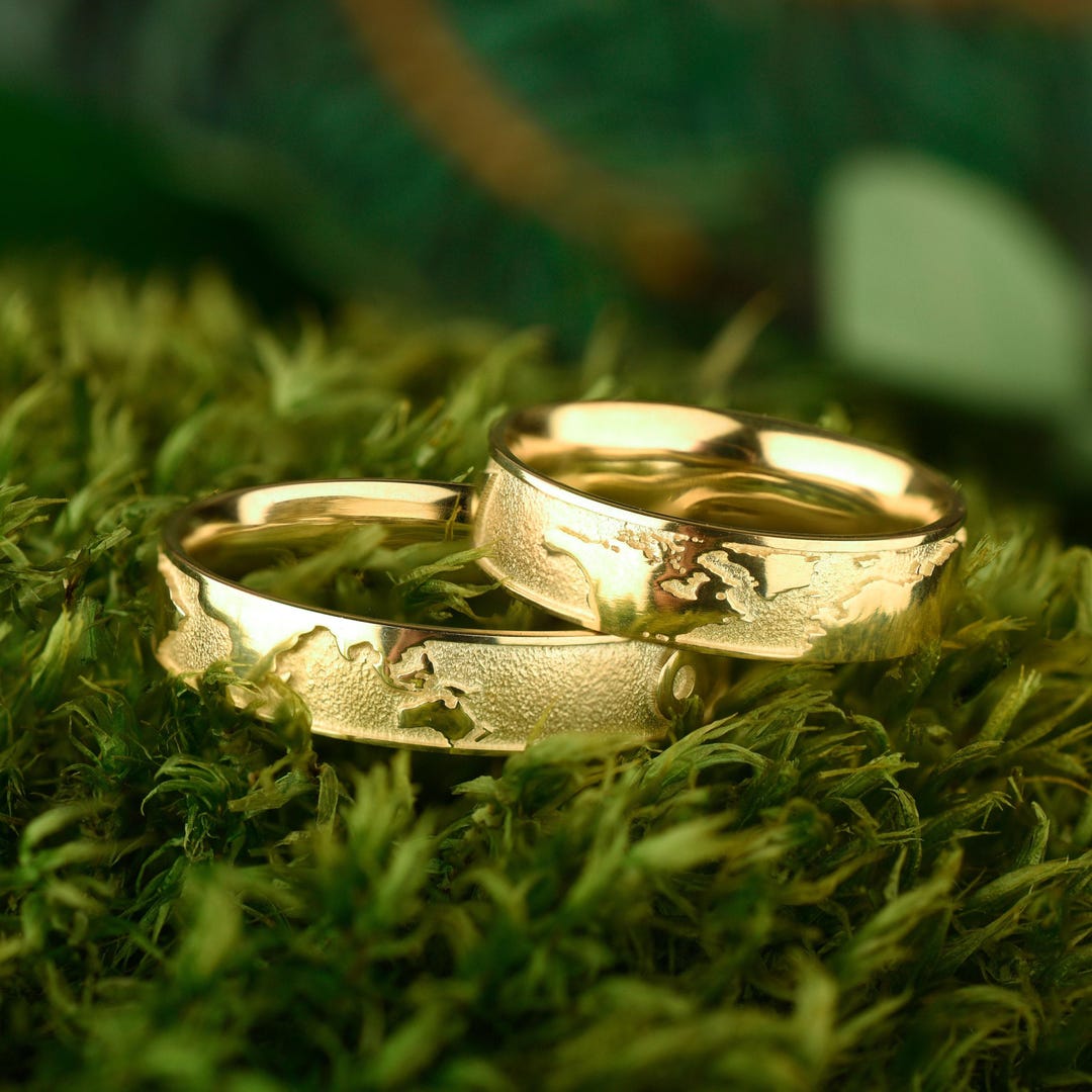 Gold Plated Silver World Map Ring Set - Matching Couple Rings for Him ...