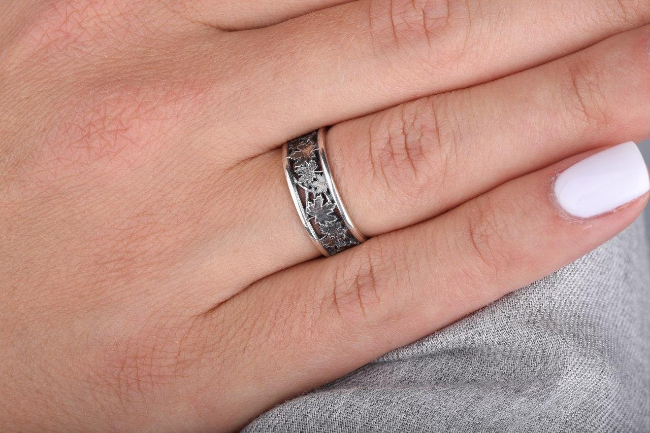 Maple leaves design ring soild silver carved band custom | Etsy
