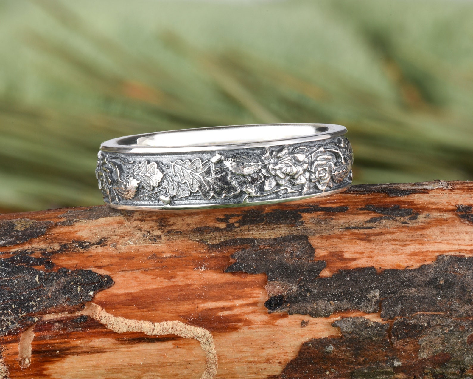 Rose & Oak Leaf Ring Druid Silver Band Woodland Wedding - Etsy