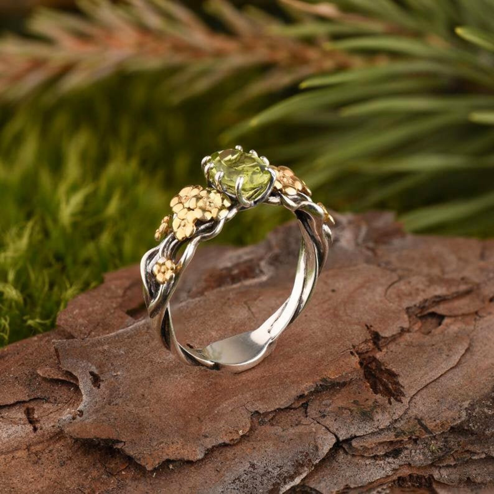 Sterling Silver Ring Peridot Large Peridot Ring Flower Leaf - Etsy