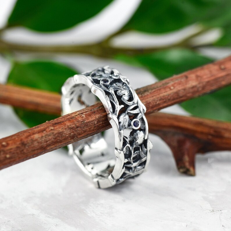 Elvish Sterling Silver Ring, Fantasy Tree of Life Sapphire Ring - Etsy