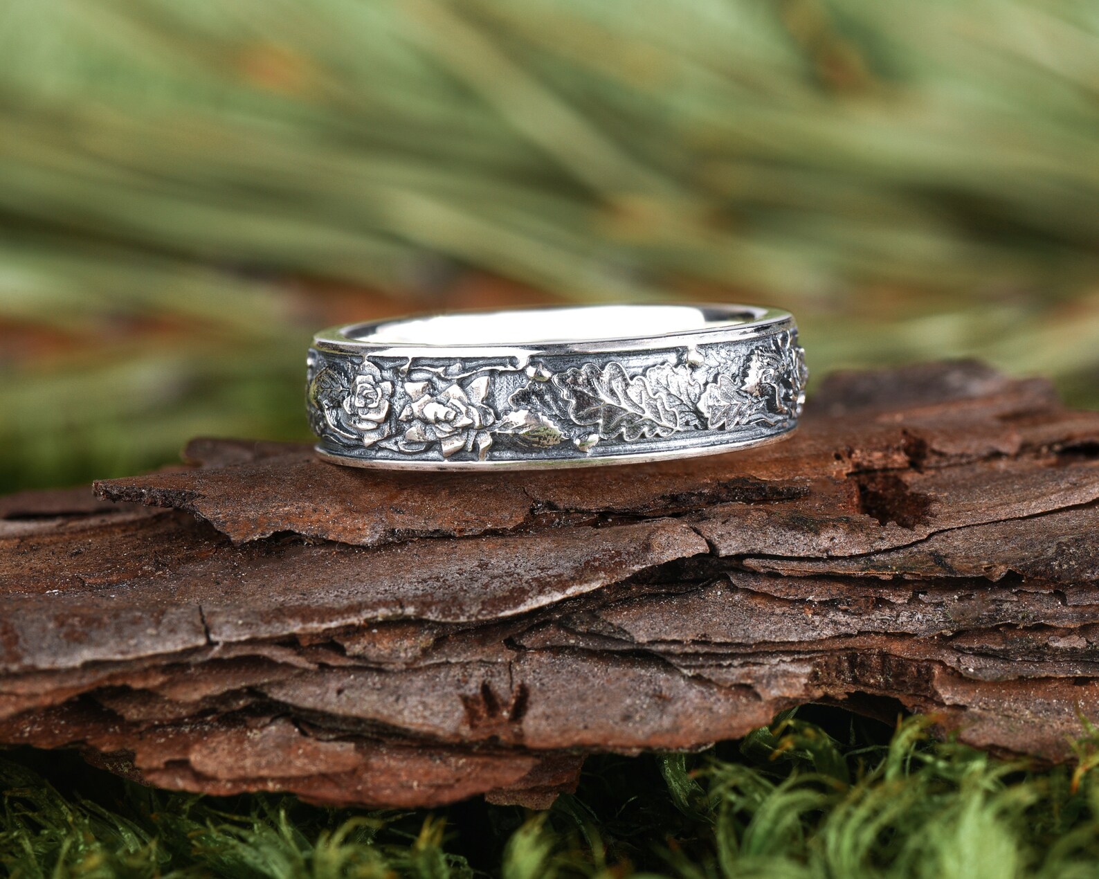 Rose & Oak Leaf Ring Druid Silver Band Woodland Wedding - Etsy