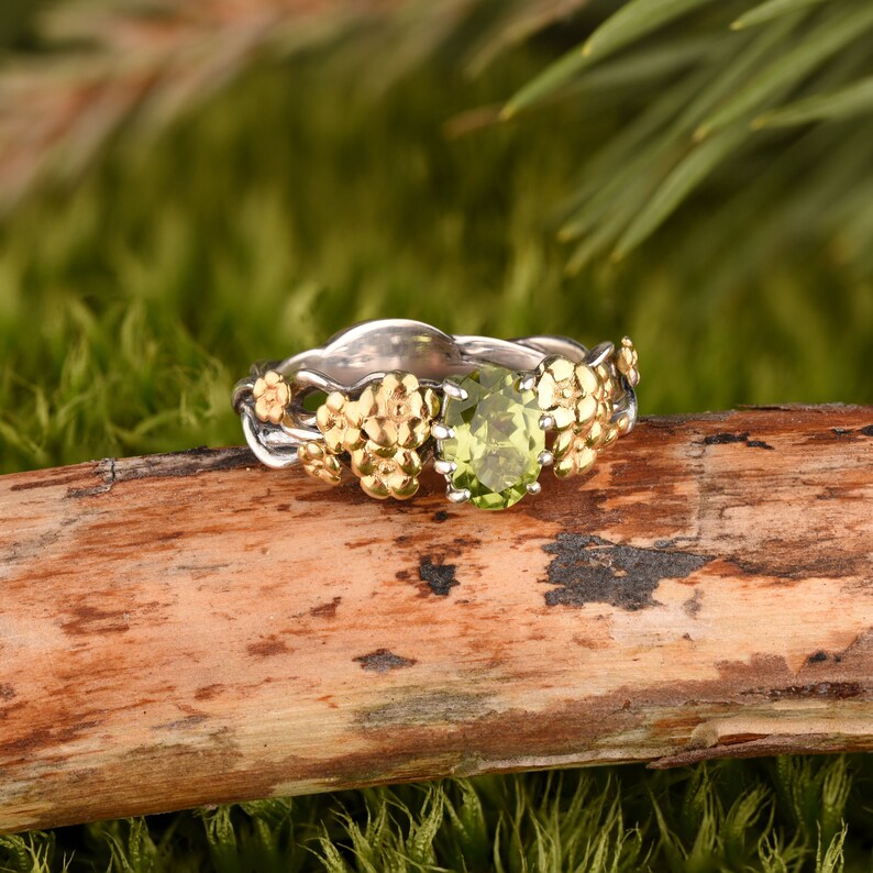 Sterling Silver Ring Peridot Large Peridot Ring Flower Leaf | Etsy