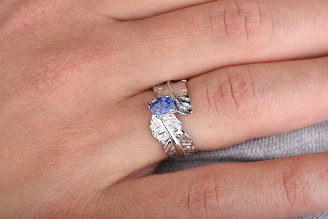 Feather Wedding Ring Sets For His and Hers Boho rings | Etsy