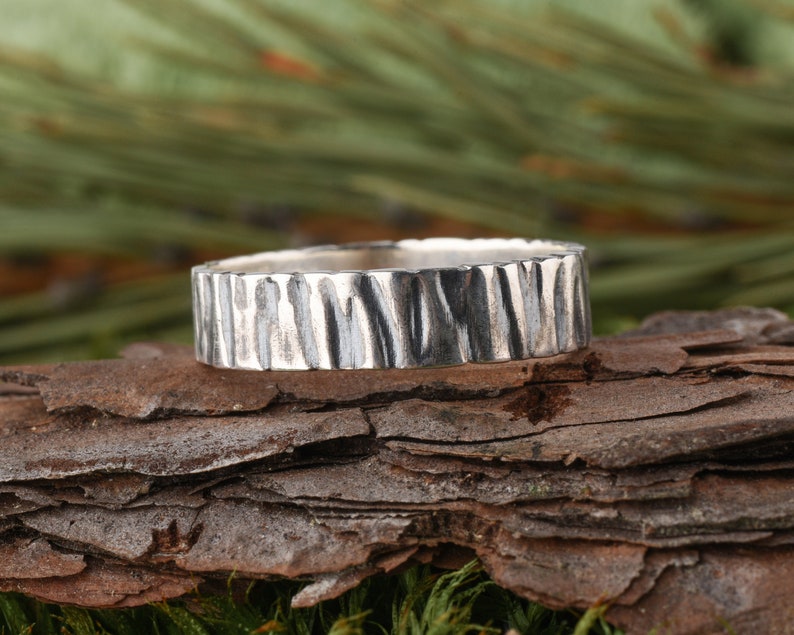Tree Bark Silver Ring Textured Minimal Band Woodland & | Etsy