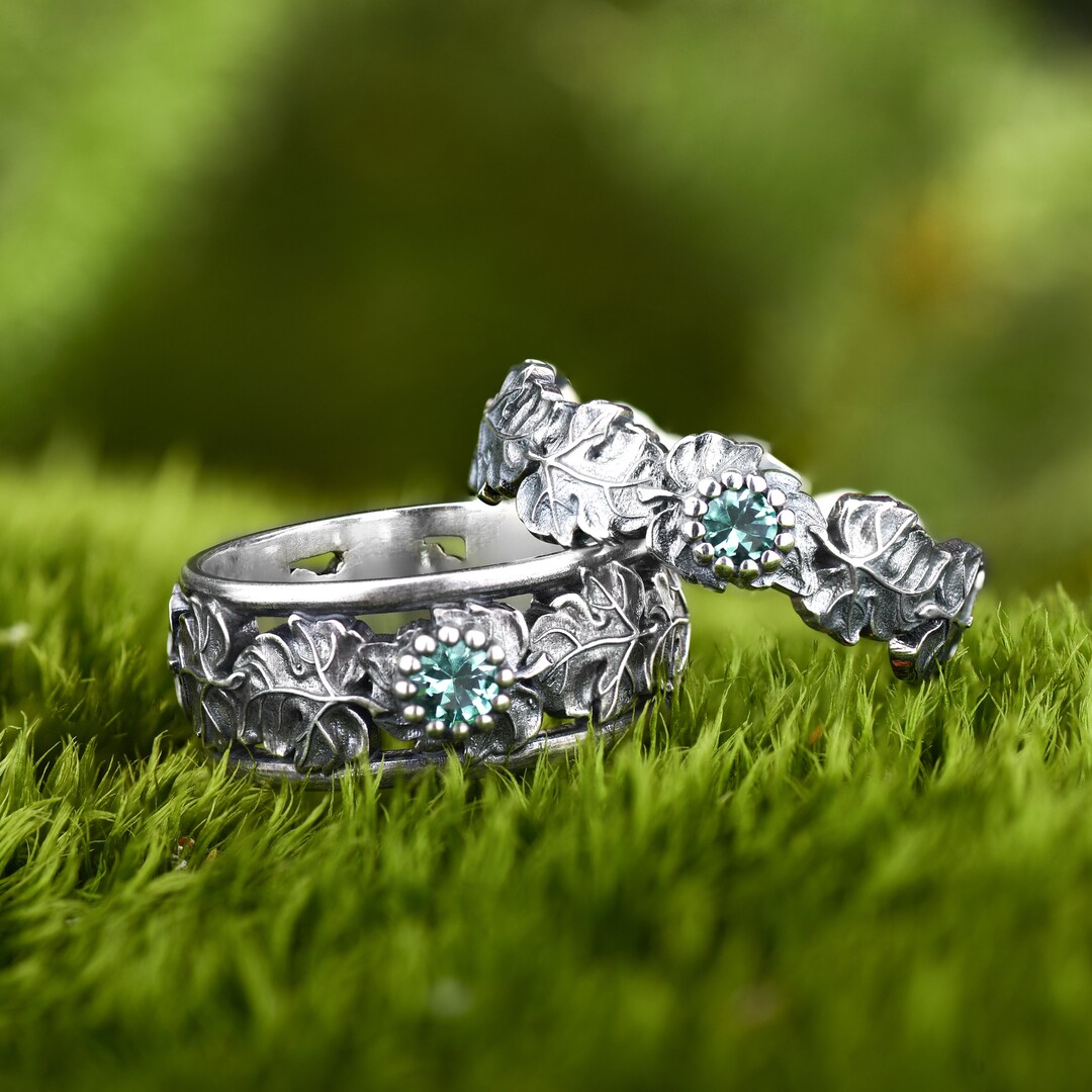 Green Promise Ring Set, Emerald Green Wedding Ring Set, Leaf Rings - Etsy
