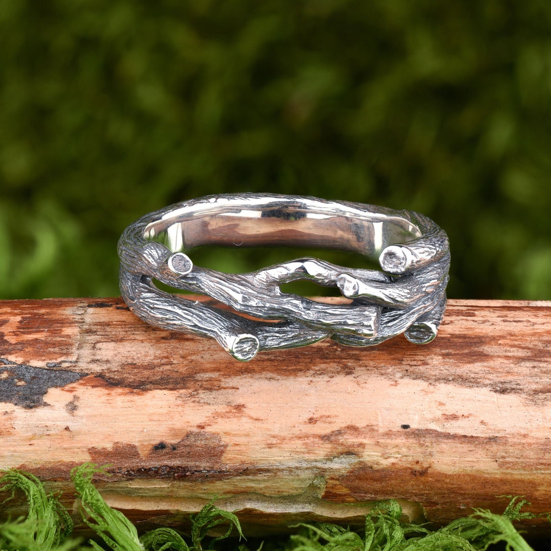 Sterling Silver Branch Ring Men, Engraved Promise Ring, Silver Braided ...