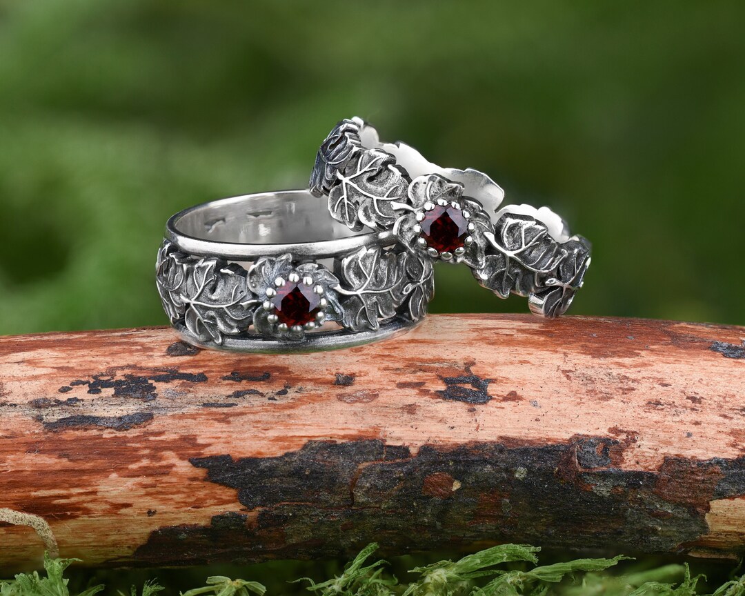 Natural Stone Wedding Ring Set, Red Stone Promise Ring for Her and Him ...