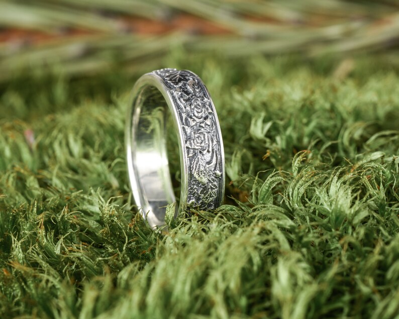 Rose & Oak Leaf Ring Druid Silver Band Woodland Wedding - Etsy